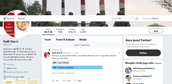 Polling Capres Versi Fadli Zon Di Ujung Ramadhan, Prabowo Kalahkan Jokowi